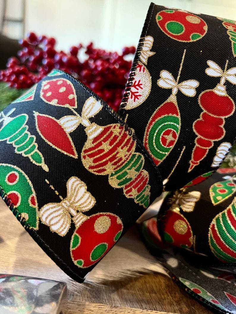 2.5" x 10 yds Vintage Ornaments on Black Canvas Ribbon, Wired Christma ...