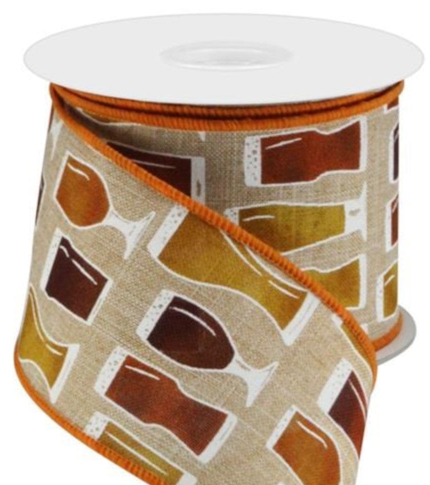 2.5" x 10 yds Wired Natural Canvas Ribbon with Beer & Wine Glasses, Ri ...