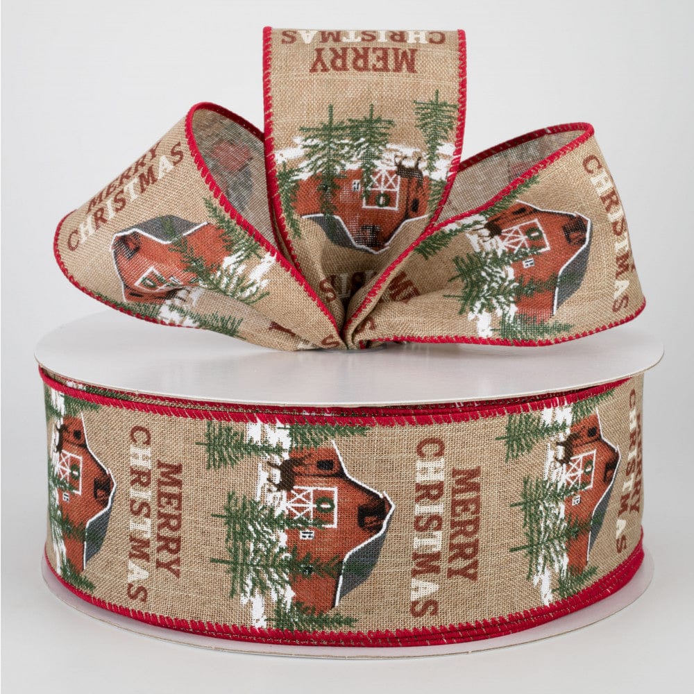 2.5" x 50 yds Natural Canvas Ribbon with Red Christmas Barn, Wired Chr ...