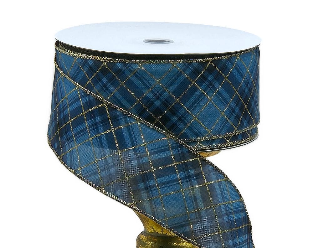 2.5" x 10yds Blue & Gold Plaid Christmas Ribbon, Wired Christmas Ribbo ...