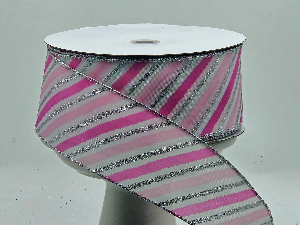 2.5" x 10yds Pink & Silver Glitter Diagonal Striped Ribbon, Wired Chri ...