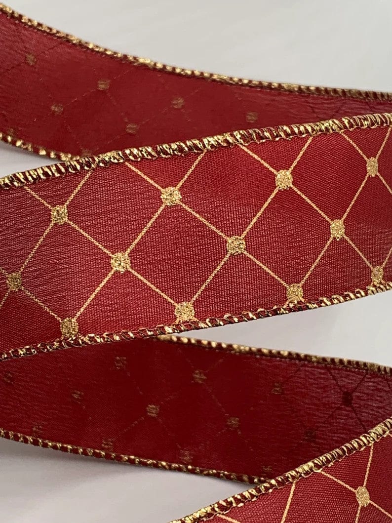 1.5" x 10 yds Scarlet Red Satin Ribbon with Gold Diamond Pattern, Wire ...