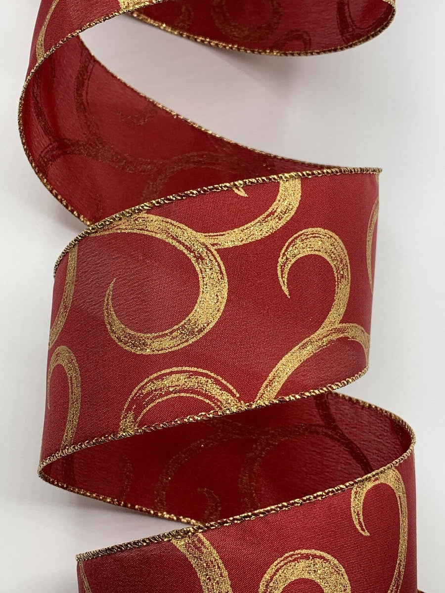 2.5" x 10 yds Scarlet Red Satin Ribbon with Gold Flourish, Wired Chris ...