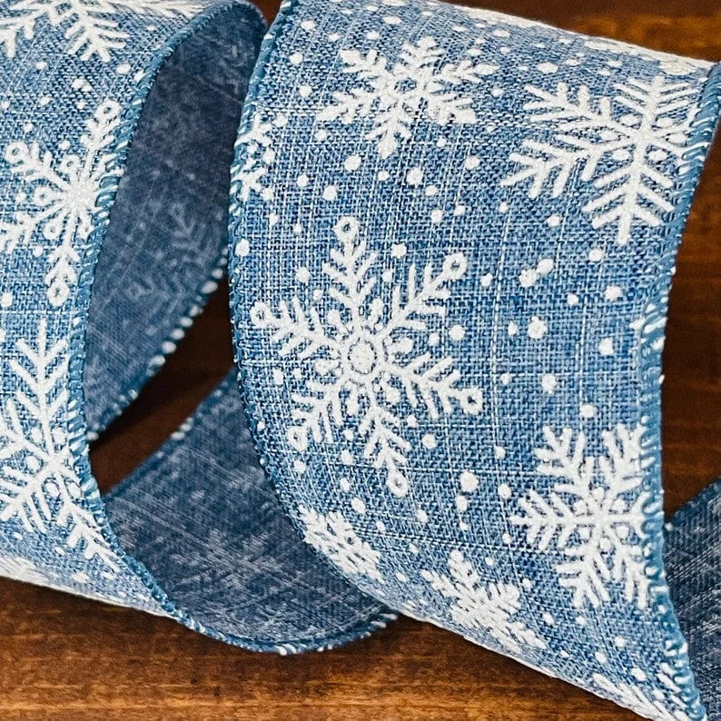 2.5" x 10 yds Denim Blue Ribbon with White Snowflakes, Wired Christmas ...