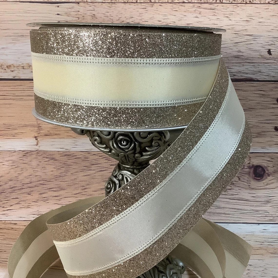 2.5" x 10 yds Cream Satin Ribbon with Gold Glitter Edges, Wired Christ ...