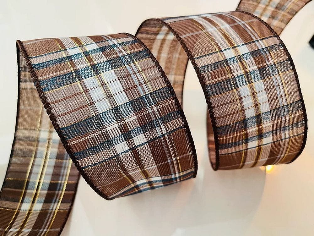 2.5" x 10 yds Brown, Cream & Blue Plaid Linen Ribbon, Wired Christmas ...