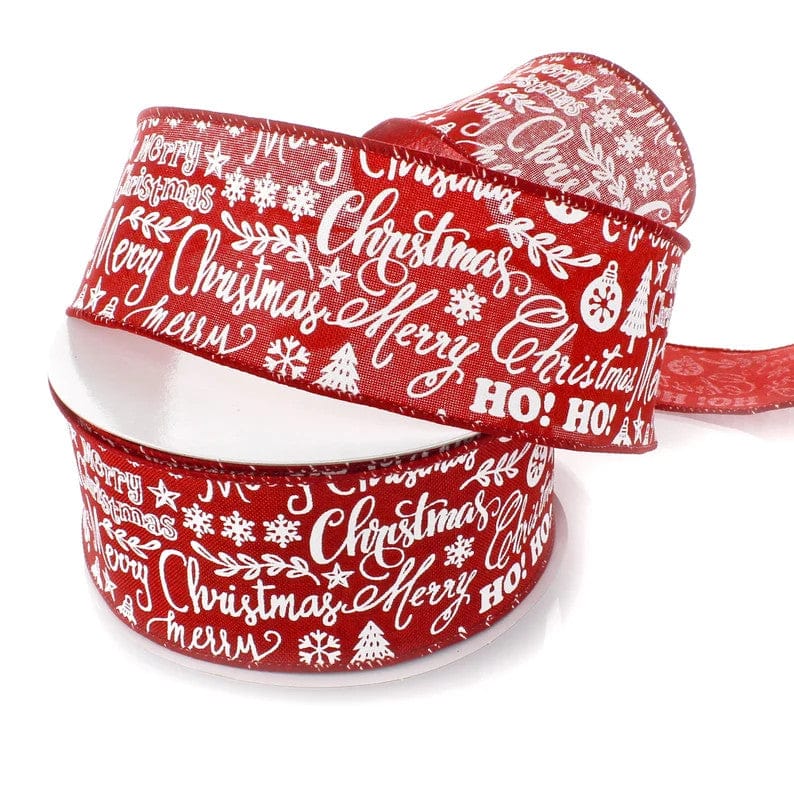 2.5" x 10 yds Red Satin Ribbon with White Christmas Greetings, Wired C ...