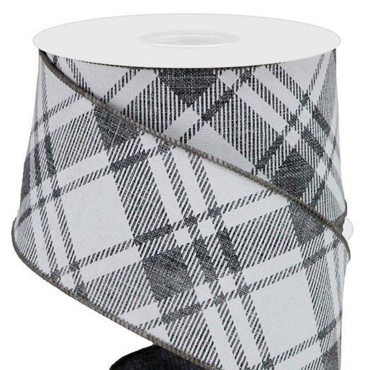 2.5" x 10 yds Grey & White Diagonal Check on Canvas Ribbon, Wired Chec ...