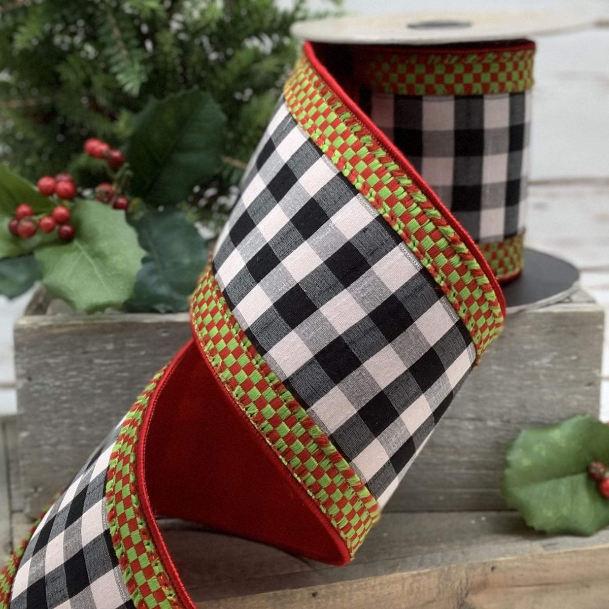 d.stevens 4" Black & White Buffalo Check Ribbon with Red & Green Edge ...