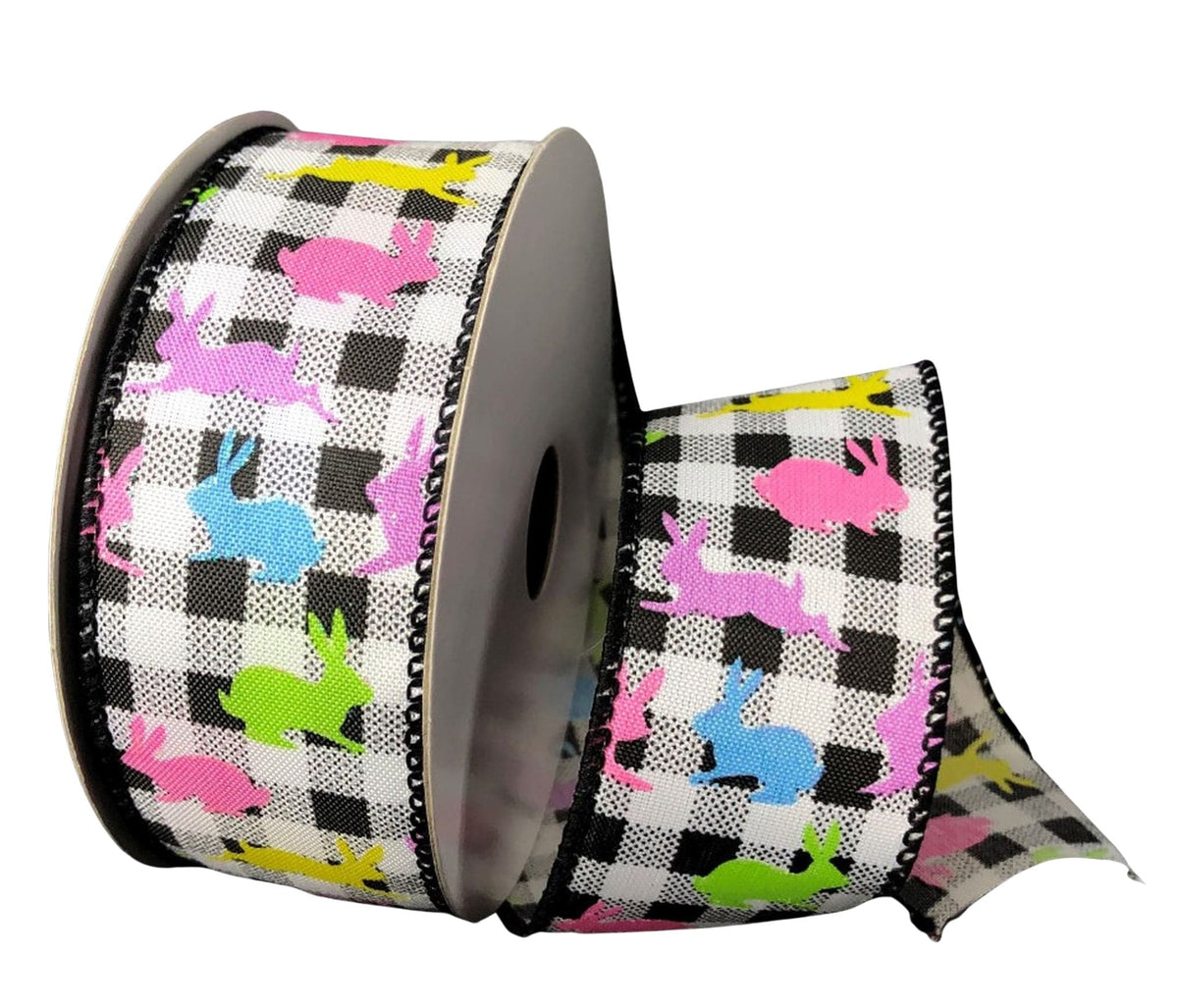 1.5" or 2.5" Black & White Check Linen Ribbon with Colorful Pastel Gli ...