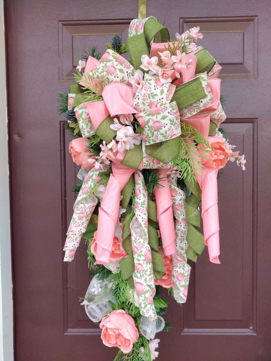 2.5" Ivory Linen Ribbon with Blush Peonies & White Cotton Bolls - 10 Y ...