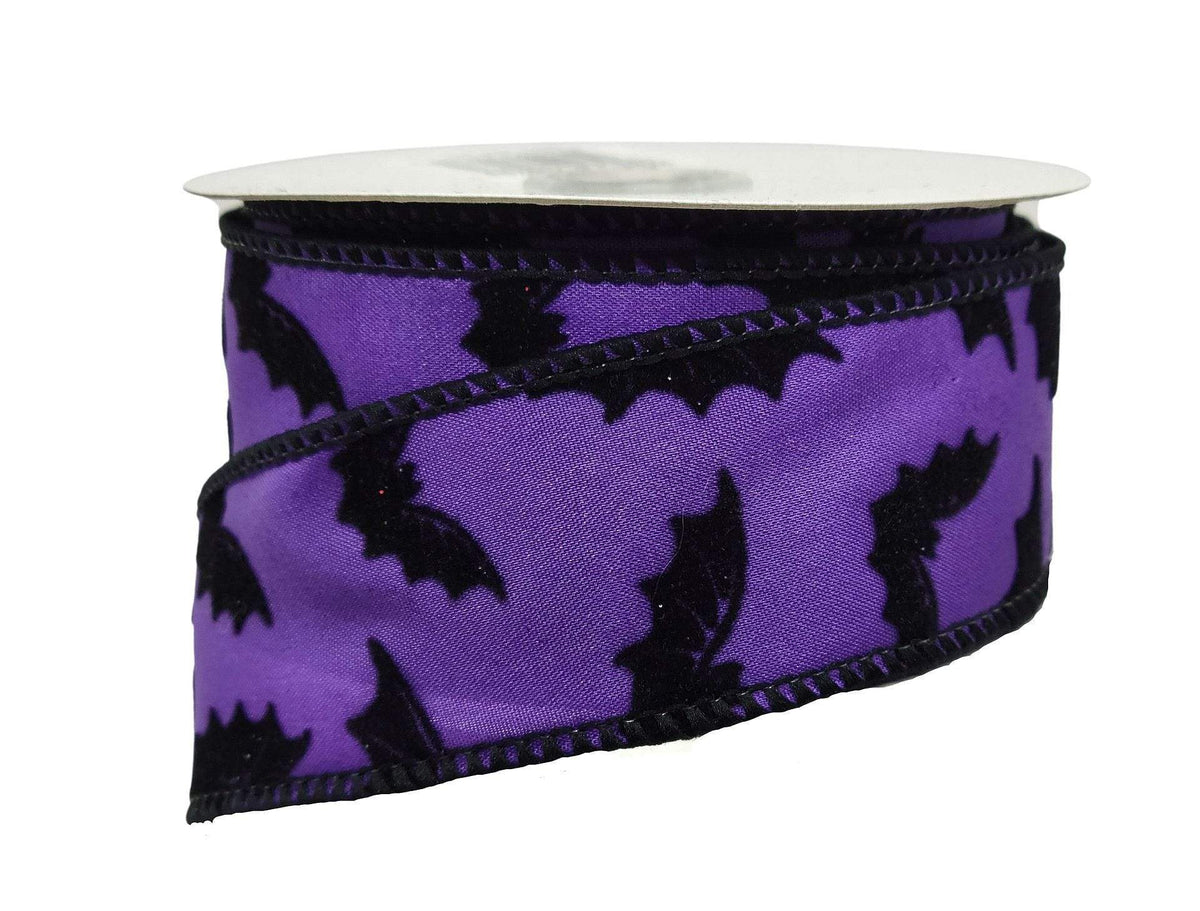 Wired Halloween Ribbon - 1.5 inch Purple Satin Ribbon with Black Flock ...