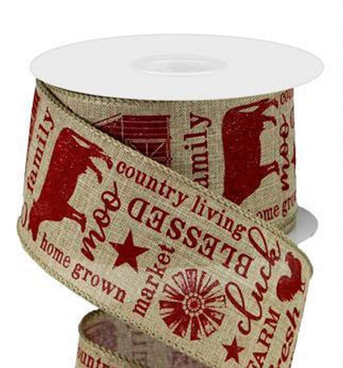 2.5 inch Red Farm Animals on Natural Canvas Ribbon - 10 Yards ...