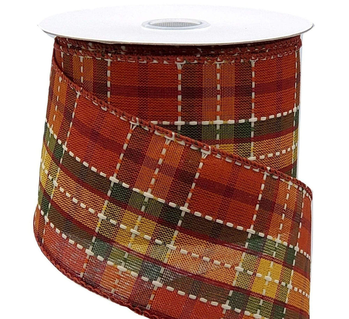 2.5" Burnt Orange, Moss, Gold & Red Autumn Plaid Fabric Ribbon with Wh ...