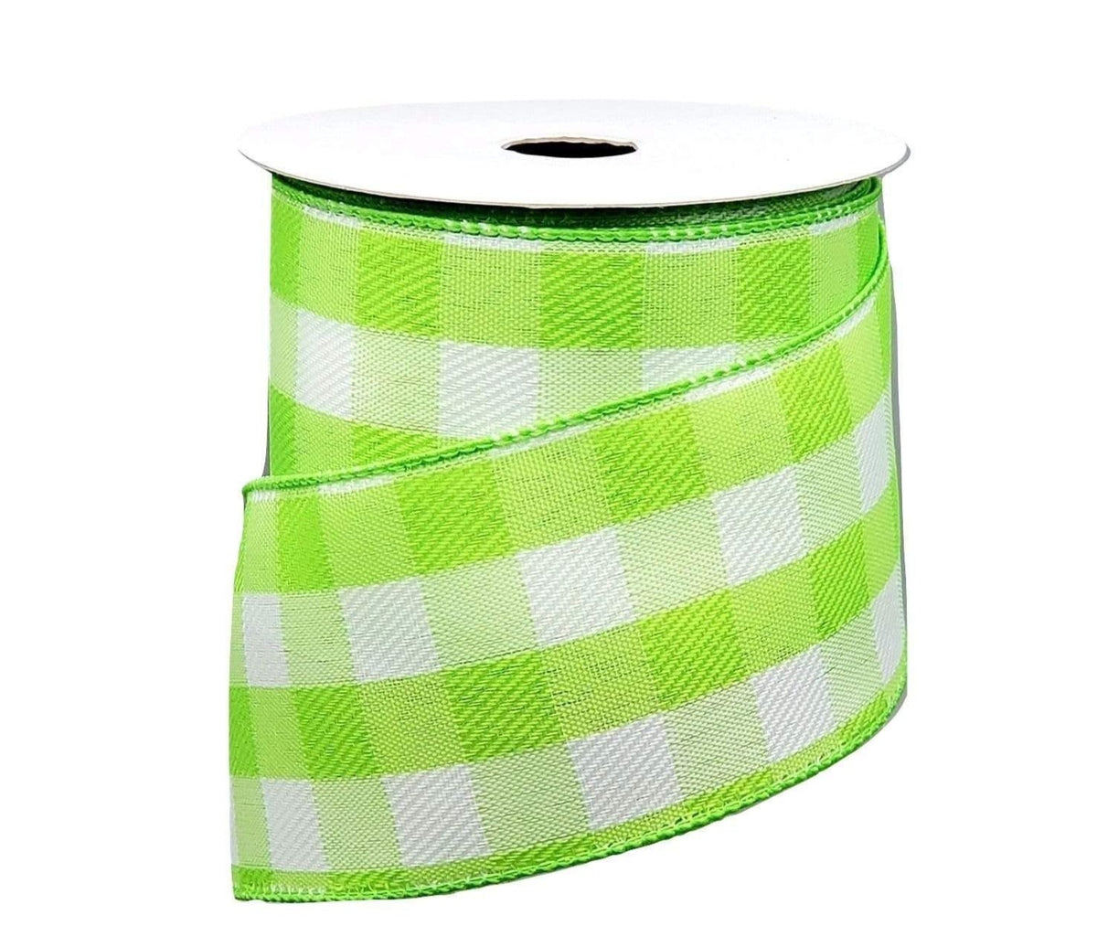 50 Yards 2.5 inch Lime Green & White Buffalo Check Wired Ribbon - Spri ...