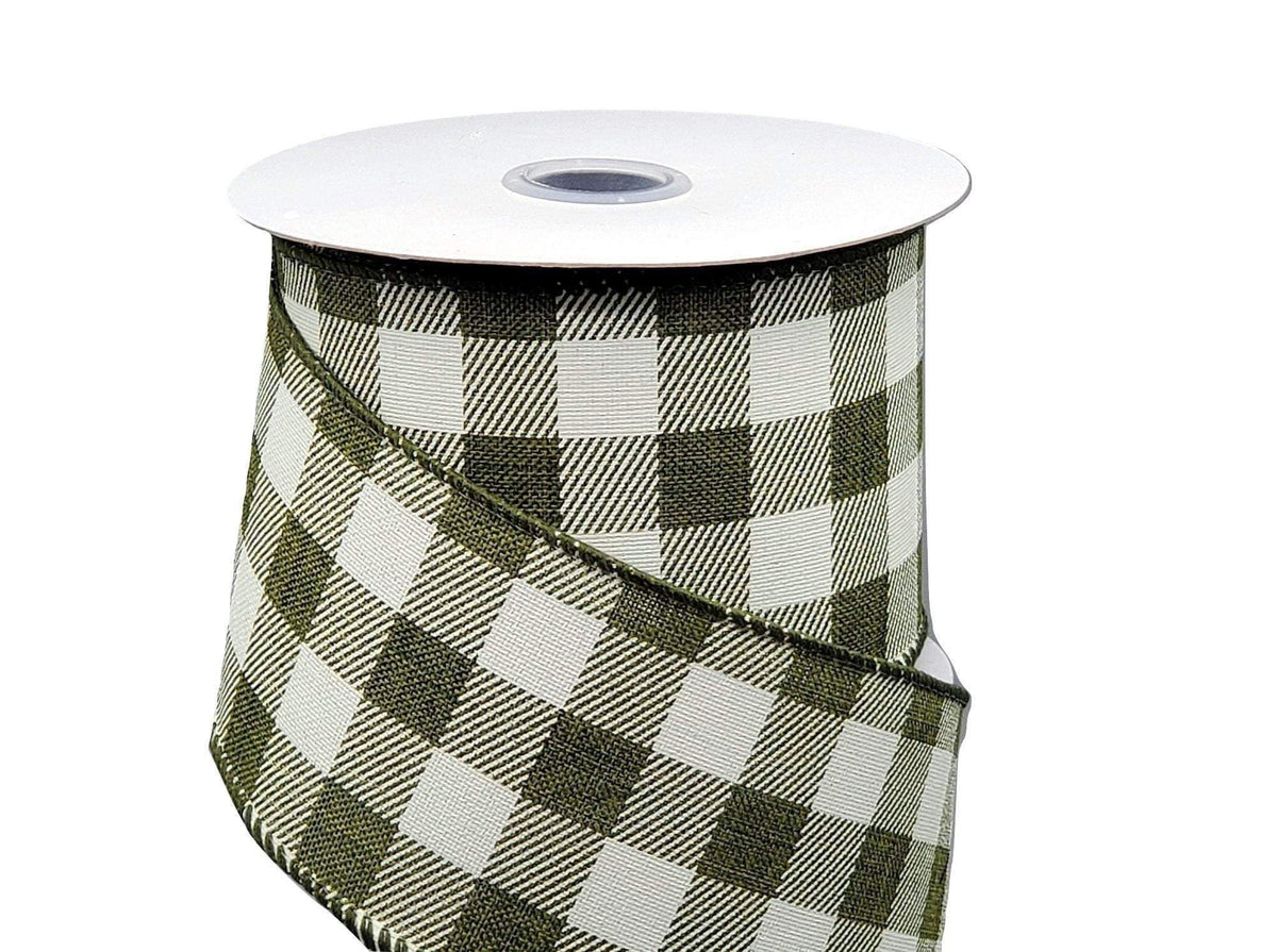 Wired Check Ribbon - 2.5 inch Moss Green & White Buffalo Check Ribbon ...