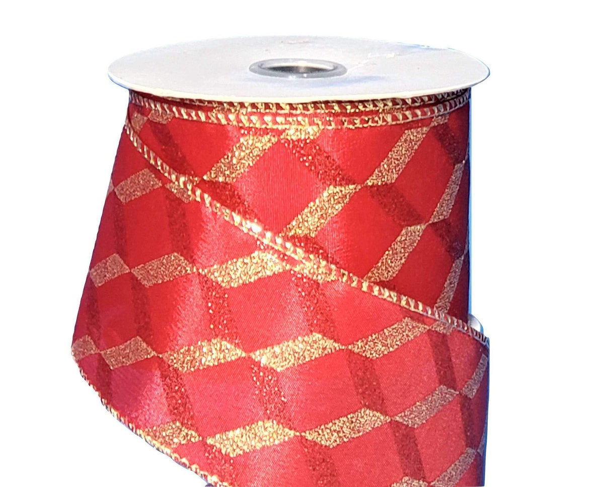 2.5" Red Satin Ribbon with Red & Gold Glitter Chain Design - 5 Yards ...