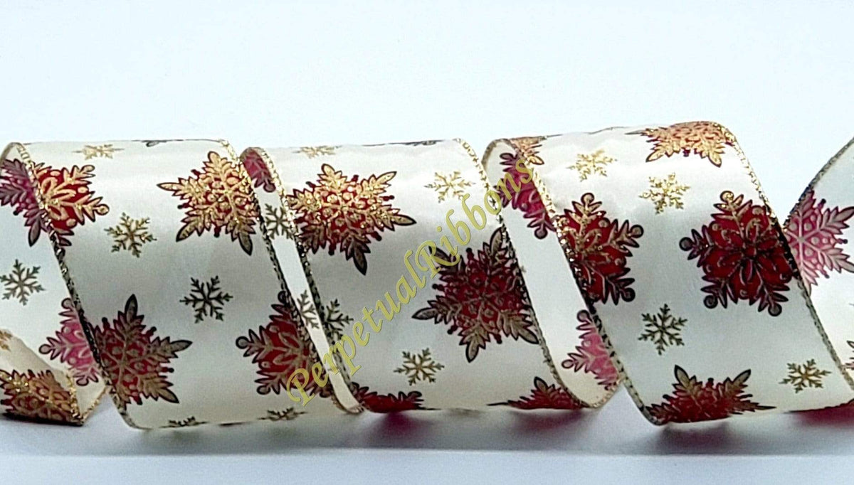 2.5 inch Cream Satin Ribbon with Red & Gold Glitter Snowflakes - 10 Ya ...