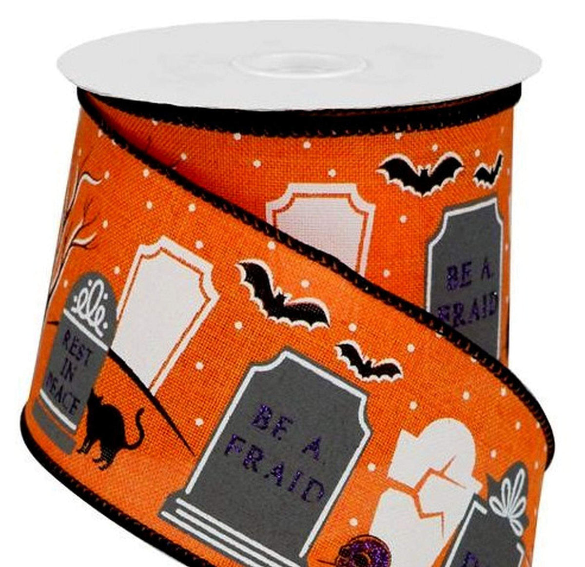 2.5" Wired Halloween Ribbon - Orange Canvas Graveyard Scene Ribbon - 1 ...