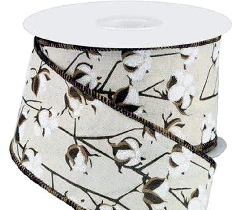 2.5 inch Cream Canvas Ribbon with White Cotton Bolls & Brown Stems - 1 ...